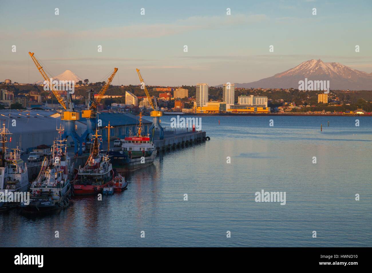 Chile, Los Lagos region, Puerto Montt, the port and the Osorno and ...