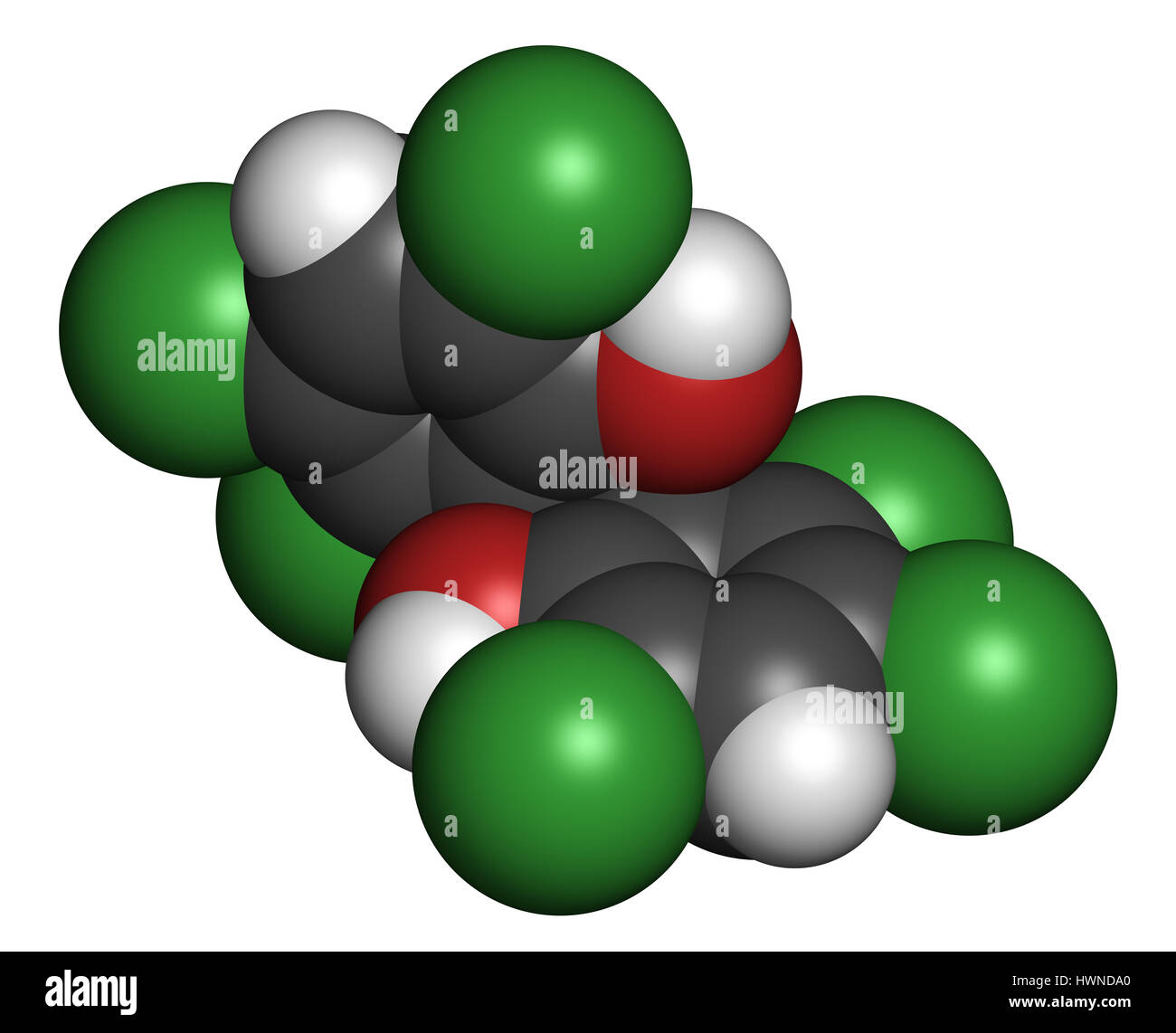 Hexachlorophene disinfectant molecule. 3D rendering. Atoms are ...