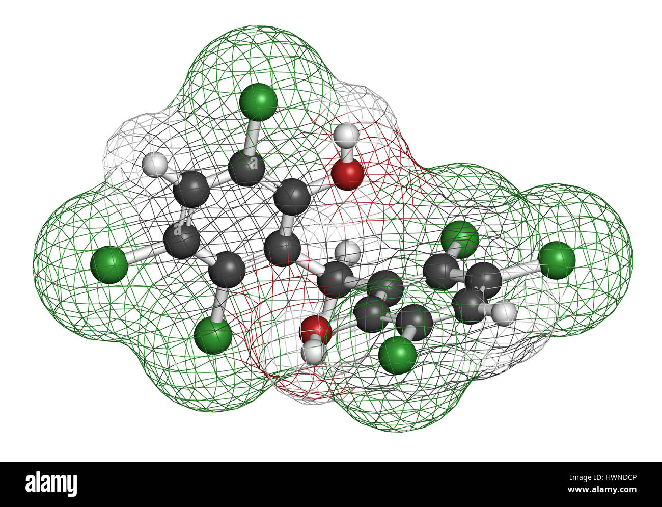 Hexachlorophene disinfectant molecule. 3D rendering. Atoms are ...
