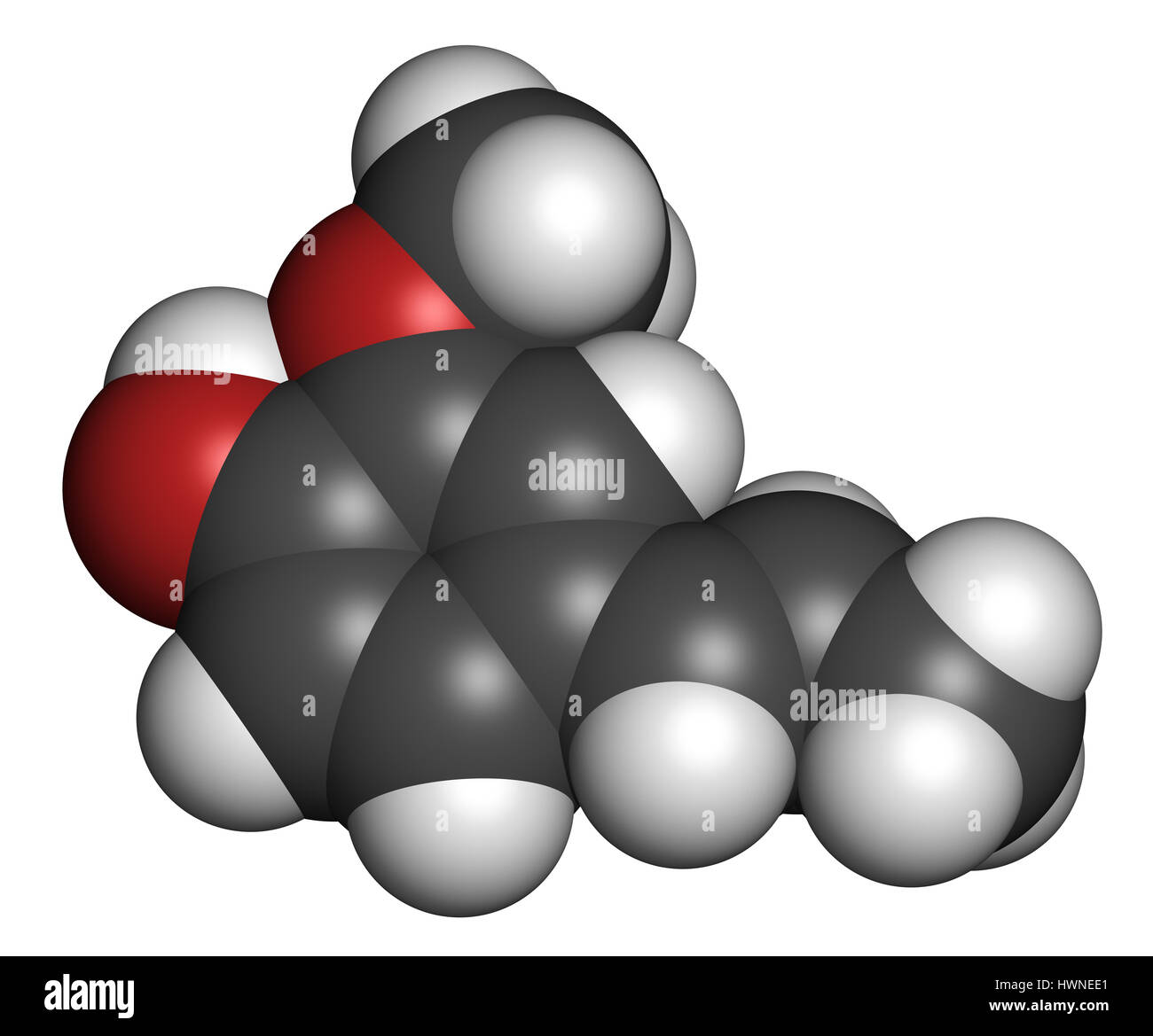 Isoeugenol fragrance molecule. 3D rendering. Atoms are represented as ...