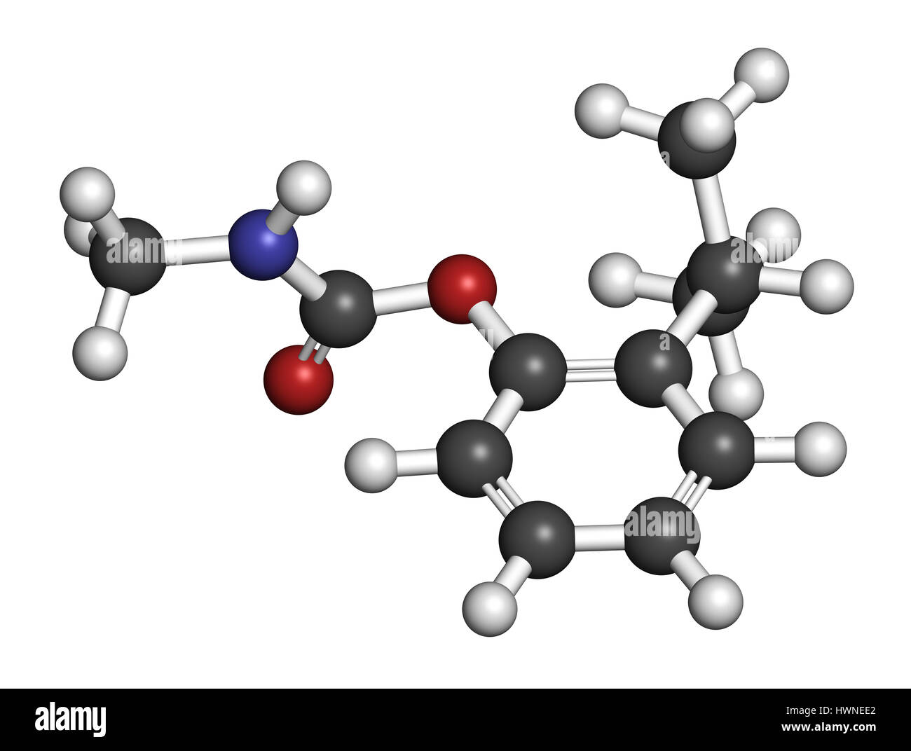 Isoprocarb insecticide molecule. 3D rendering. Atoms are represented as ...