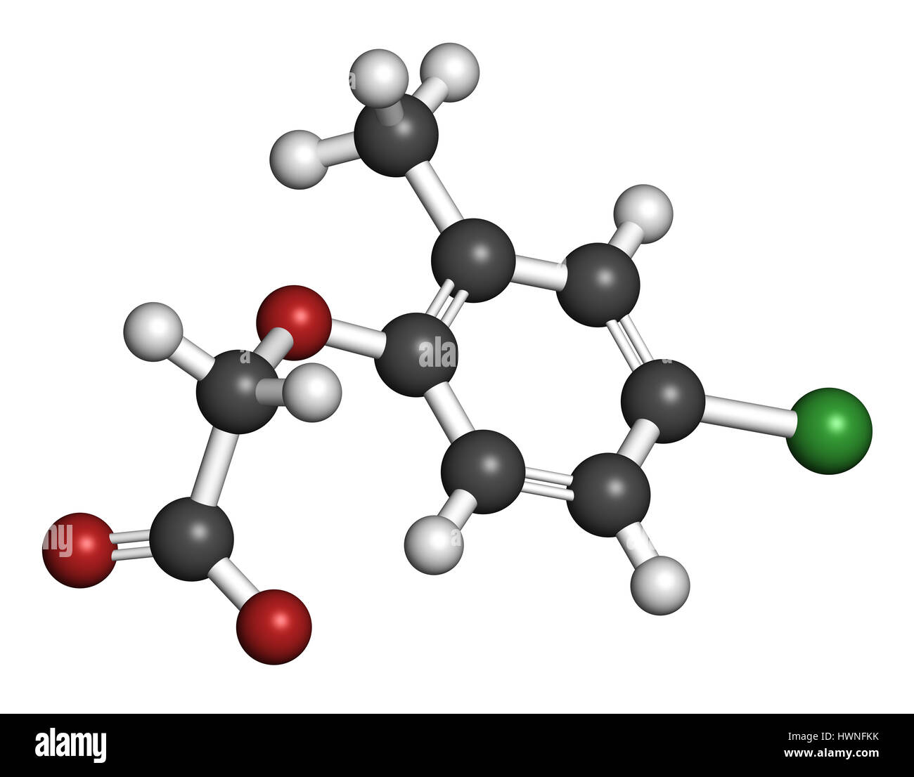 MCPA (2-methyl-4-chlorophenoxyacetic acid) herbicide molecule. 3D ...