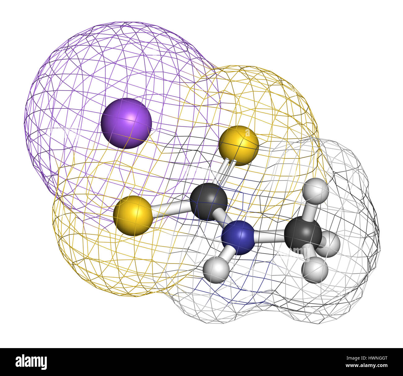 Metam sodium pesticide molecule. 3D rendering. Atoms are represented as ...