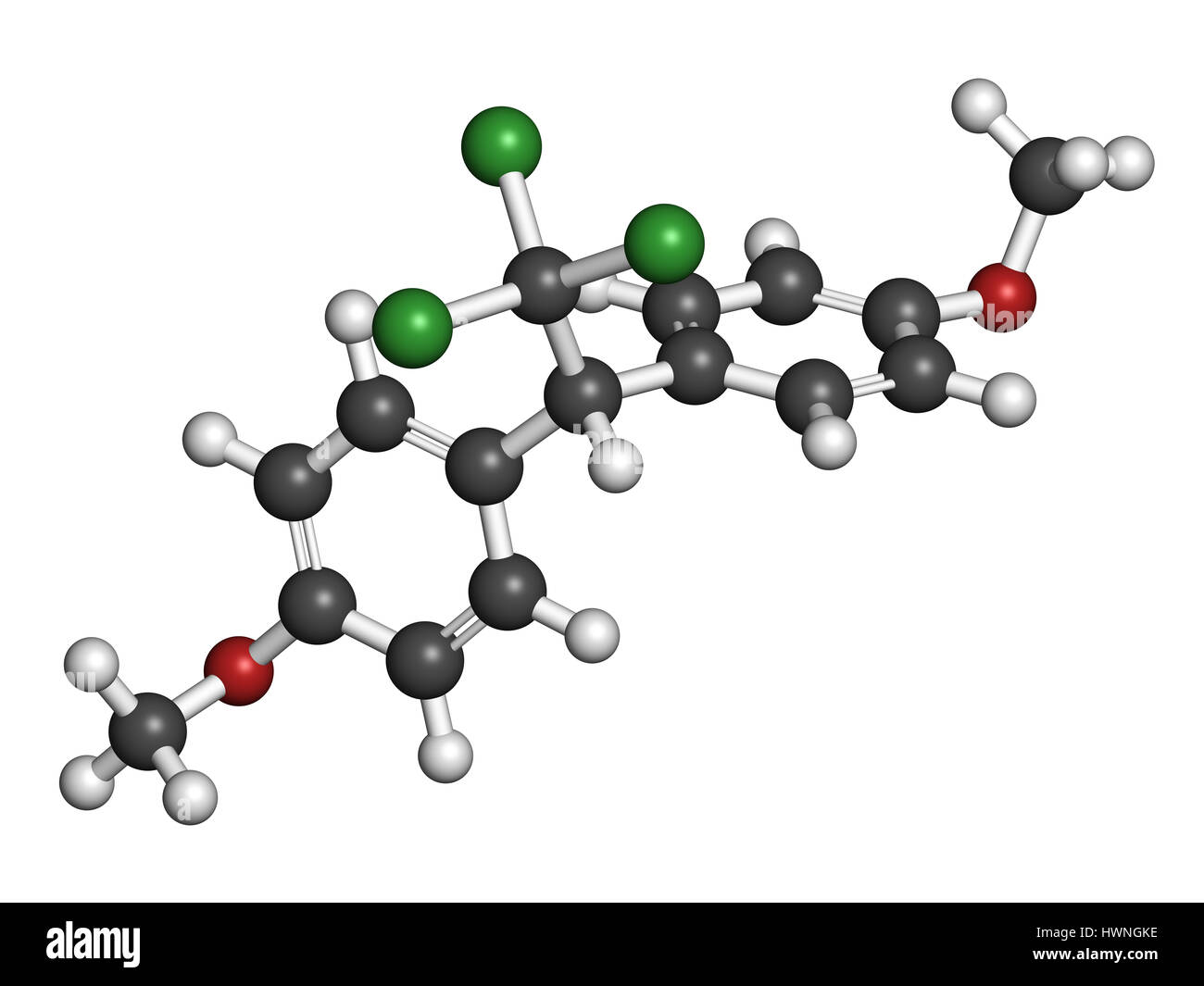 Methoxychlor pesticide molecule. 3D rendering. Atoms are represented as ...