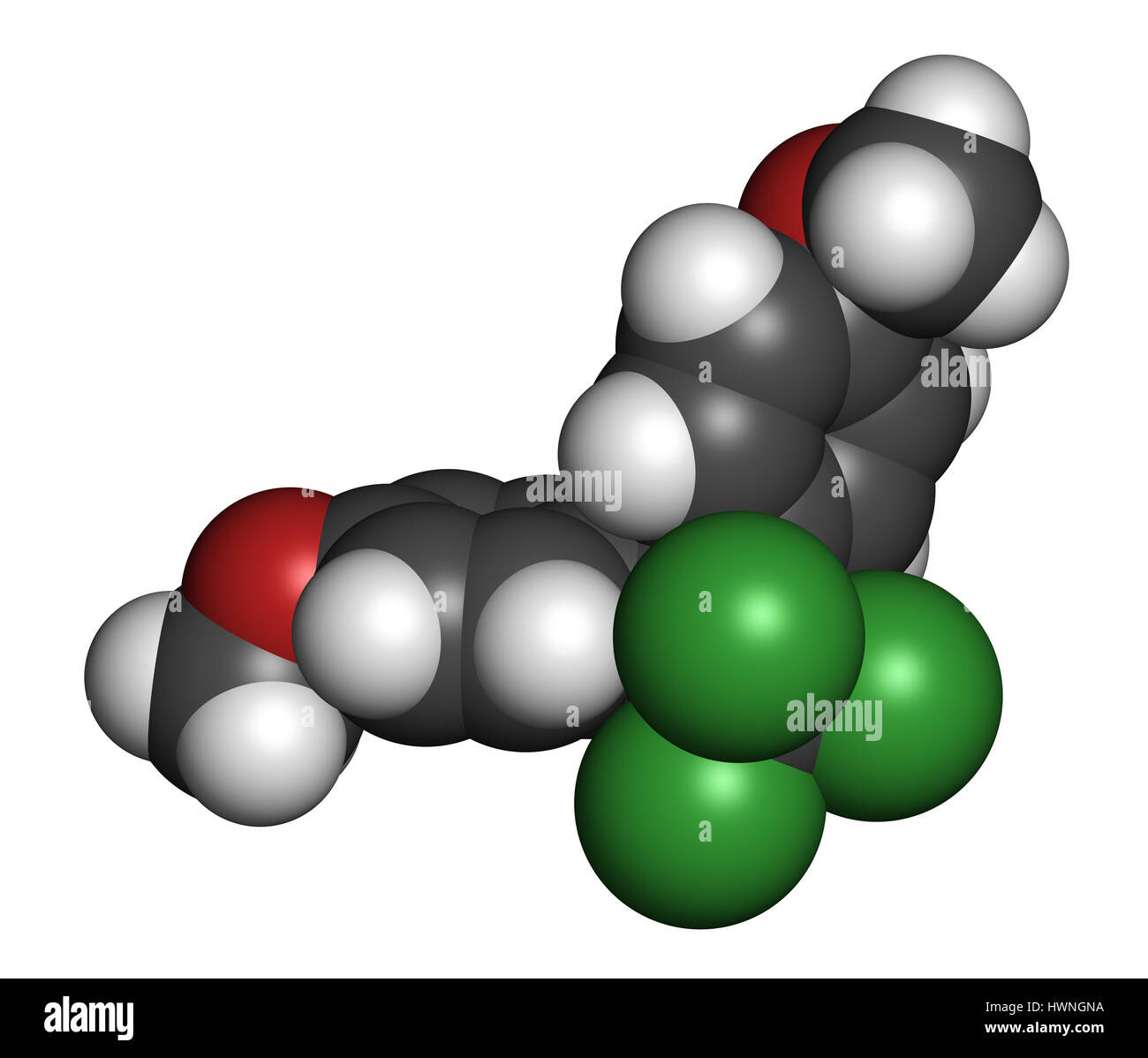 Methoxychlor pesticide molecule. 3D rendering. Atoms are represented as ...