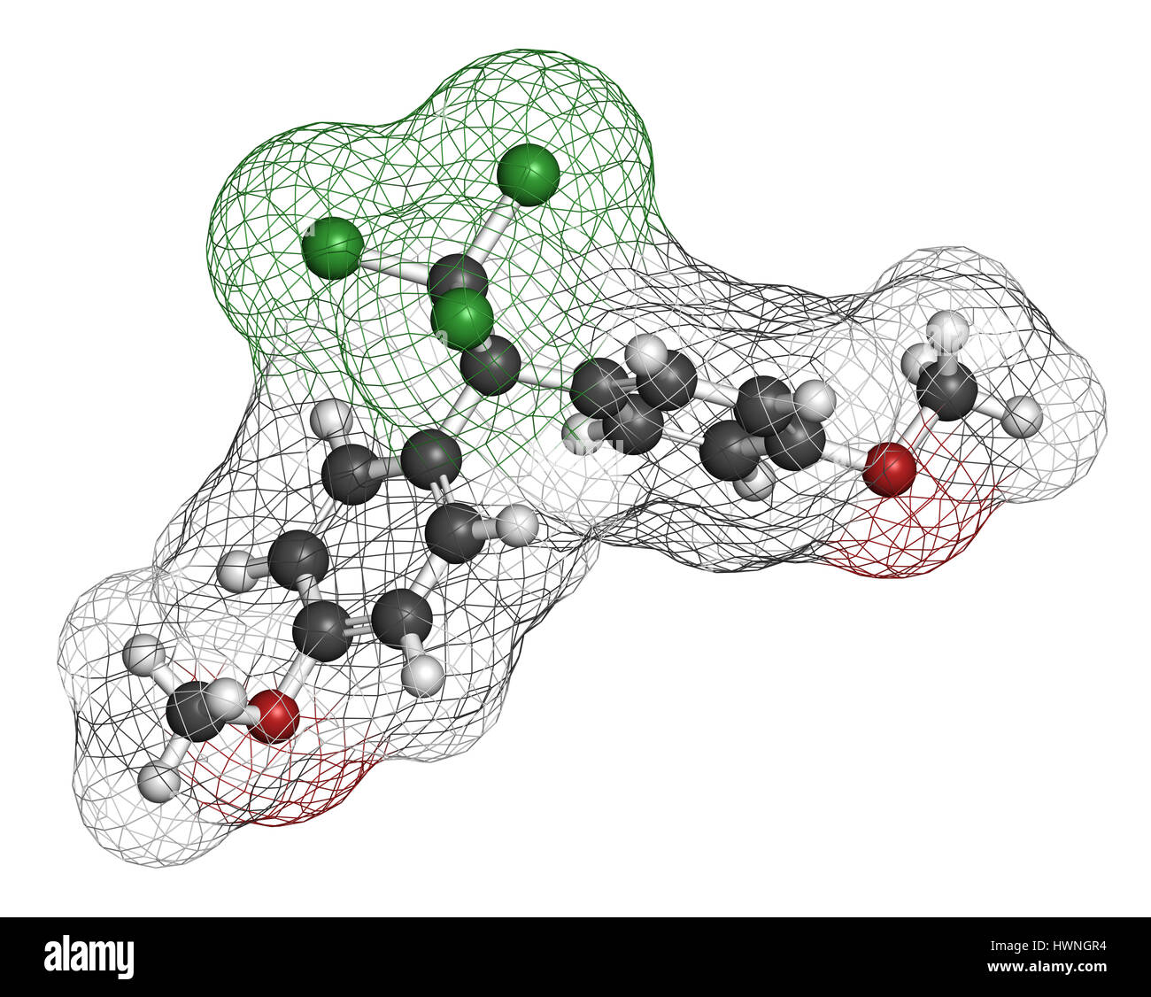 Methoxychlor pesticide molecule. 3D rendering. Atoms are represented as ...