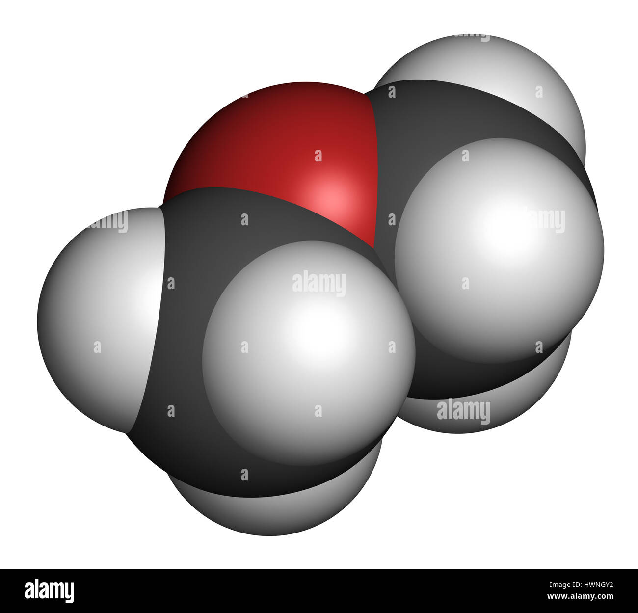 Dimethyl ether (methoxymethane, DME) molecule. 3D rendering. Atoms are ...