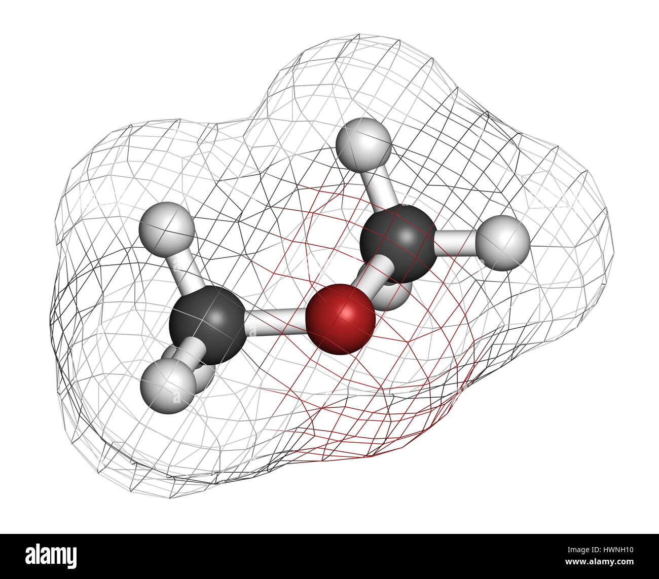 Dimethyl ether (methoxymethane, DME) molecule. 3D rendering. Atoms are ...