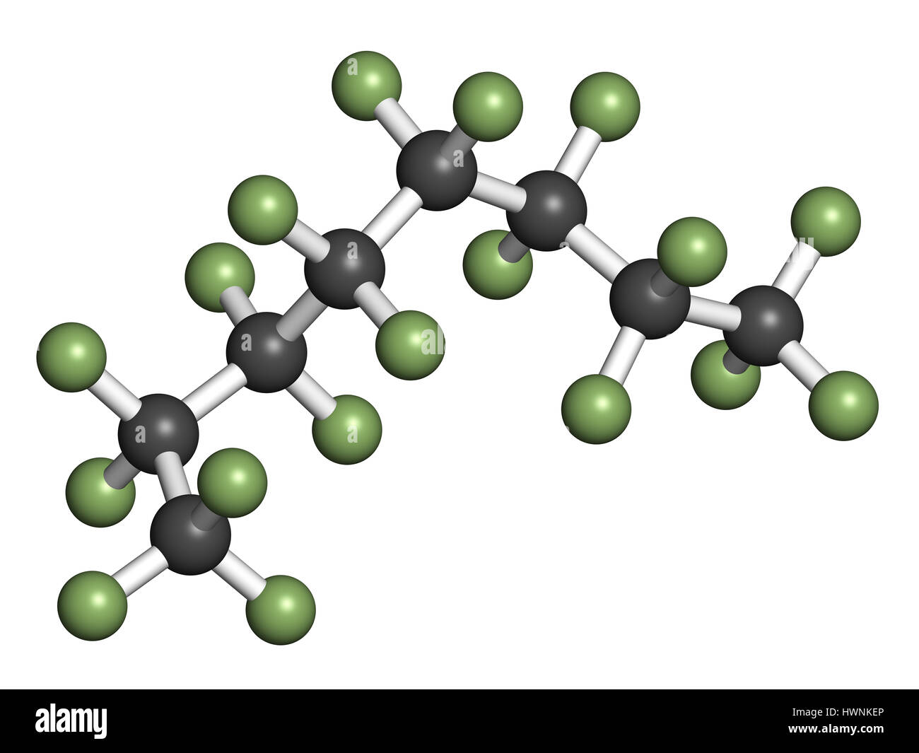 Perfluorooctane molecule. 3D rendering. Atoms are represented as ...