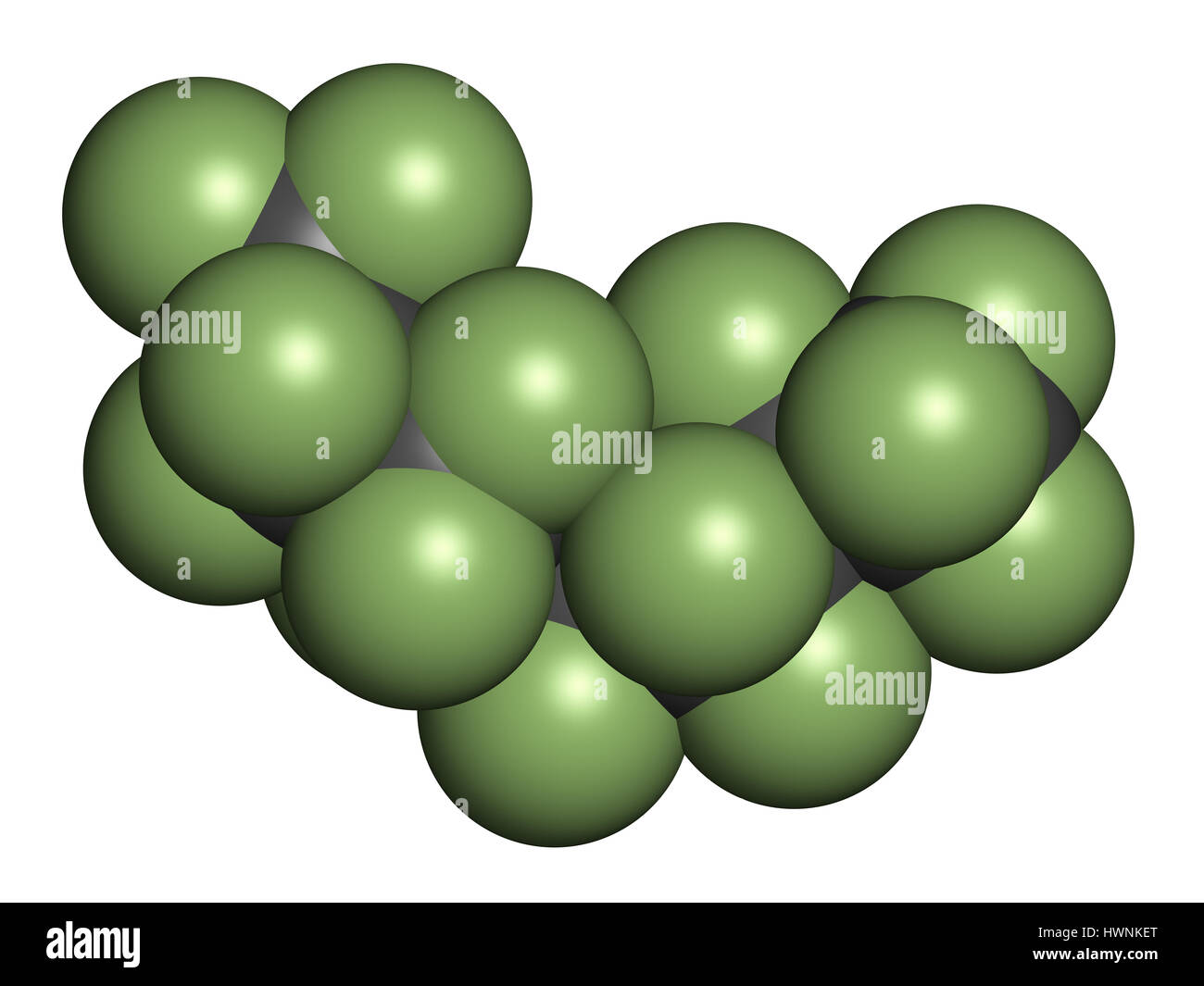 Perfluorooctane molecule. 3D rendering. Atoms are represented as ...
