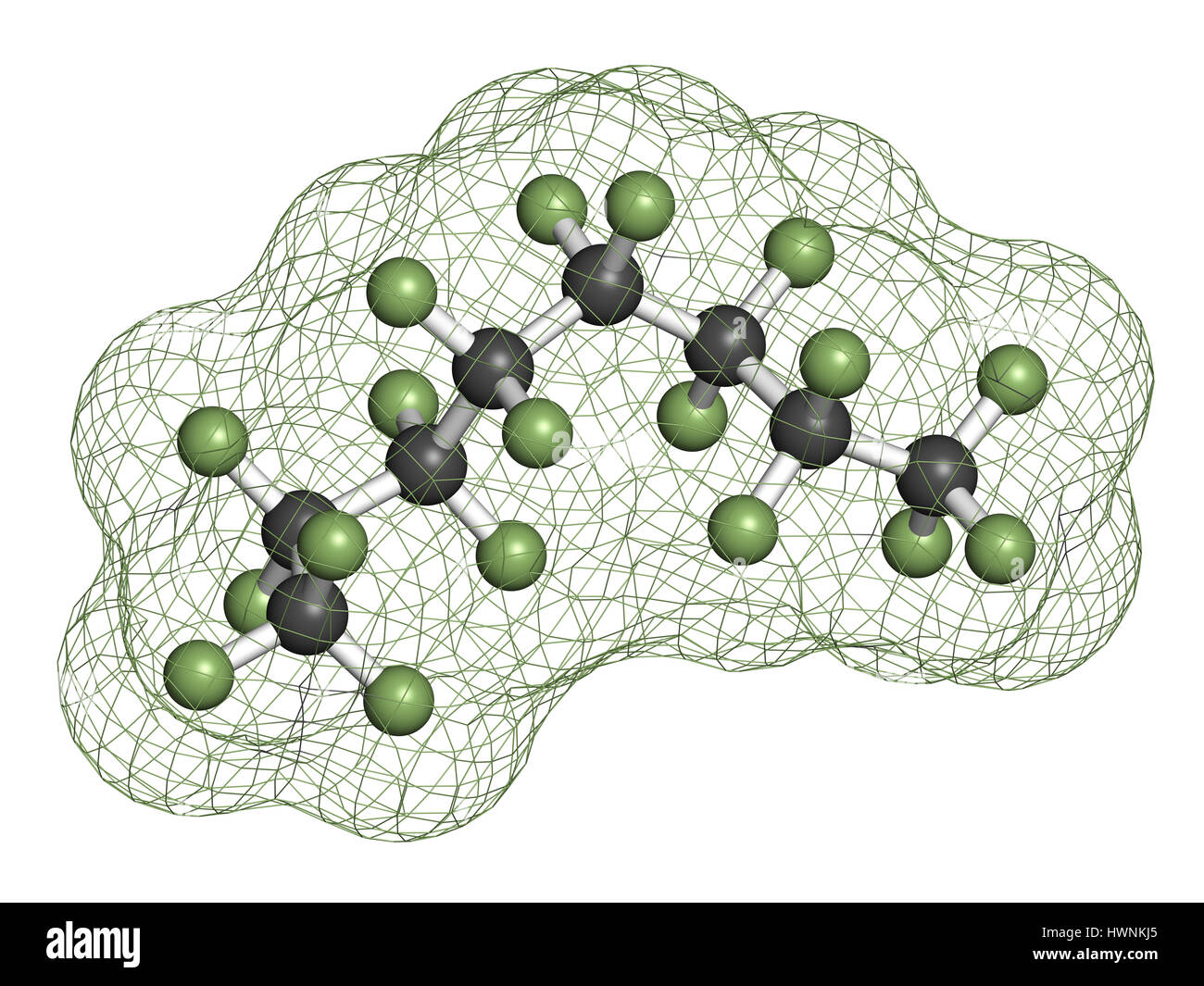 Perfluorooctane molecule. 3D rendering. Atoms are represented as ...