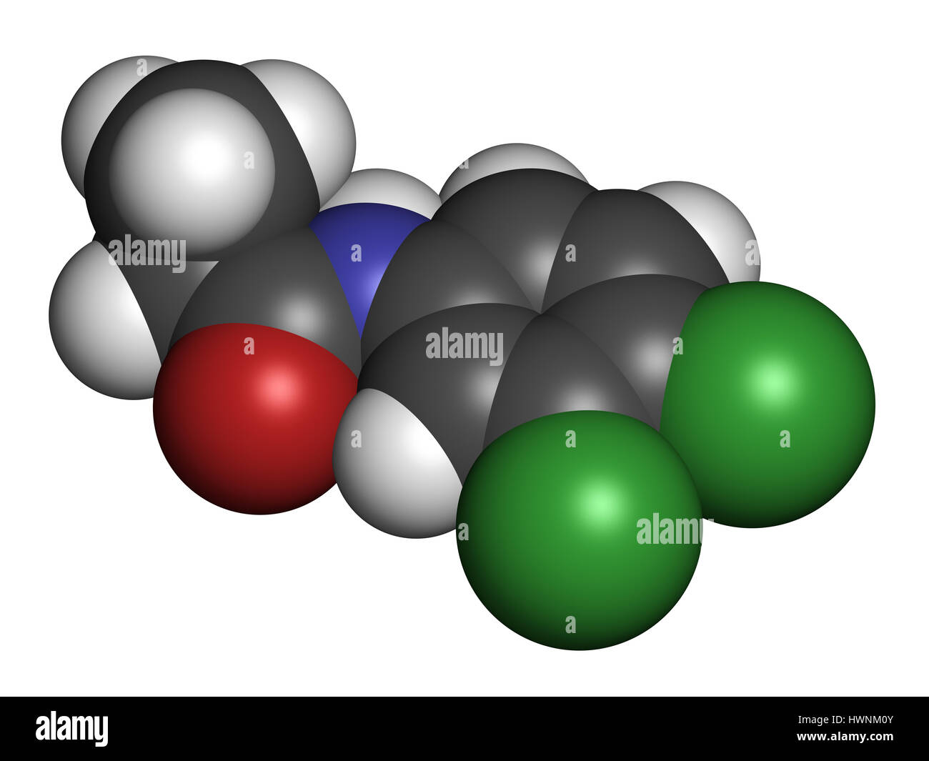 Propanil herbicide molecule. 3D rendering. Atoms are represented as ...