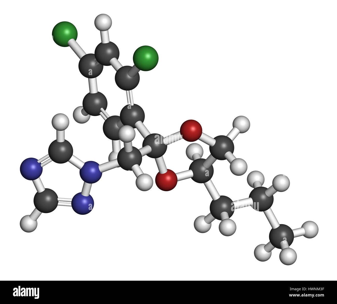 Propiconazole antifungal molecule (triazole class). 3D rendering. Atoms ...