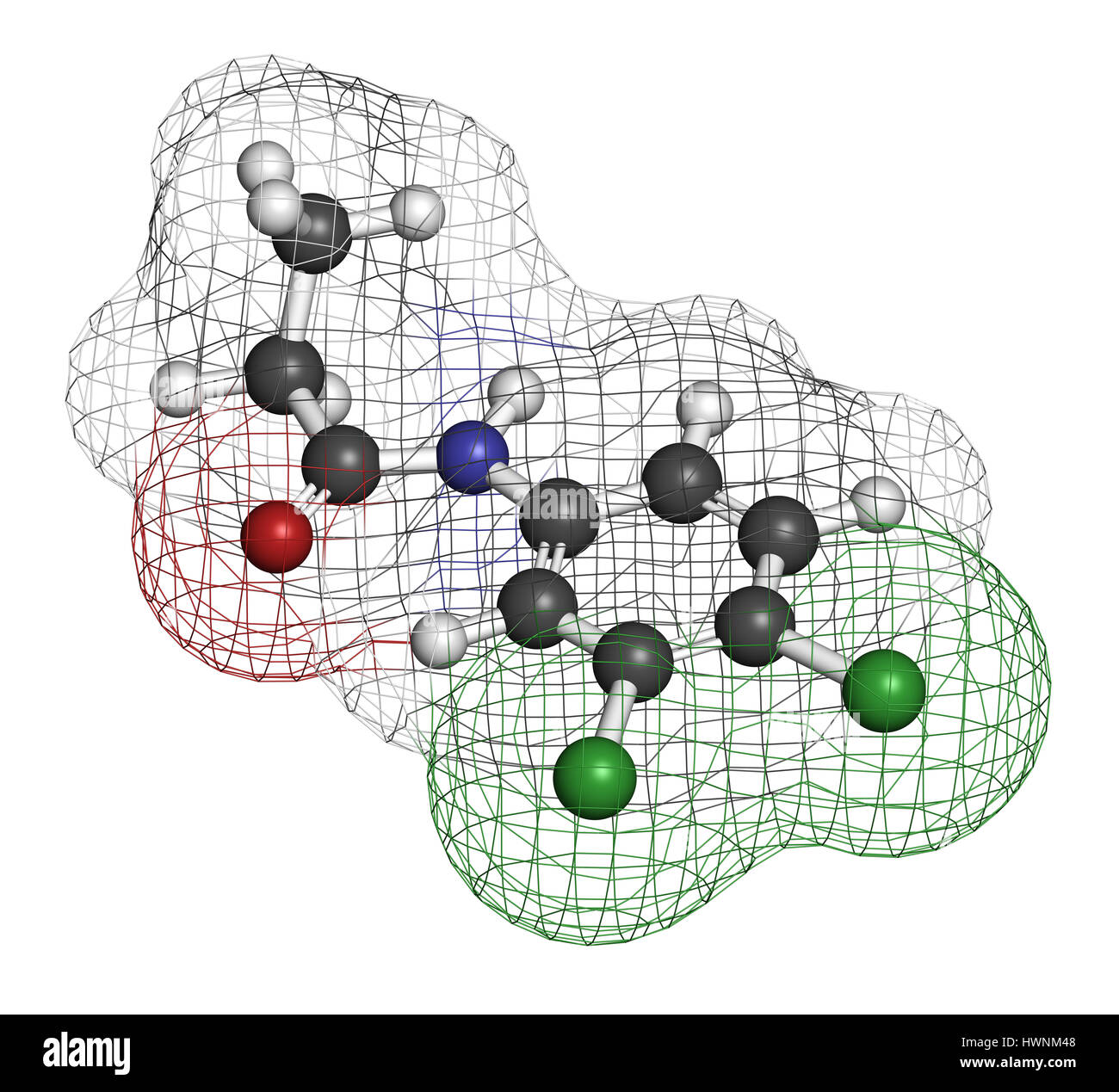 Propanil herbicide molecule. 3D rendering. Atoms are represented as ...