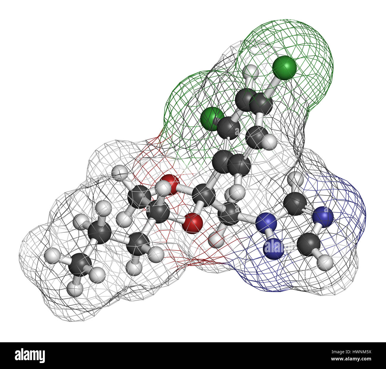 Propiconazole antifungal molecule (triazole class). 3D rendering. Atoms ...
