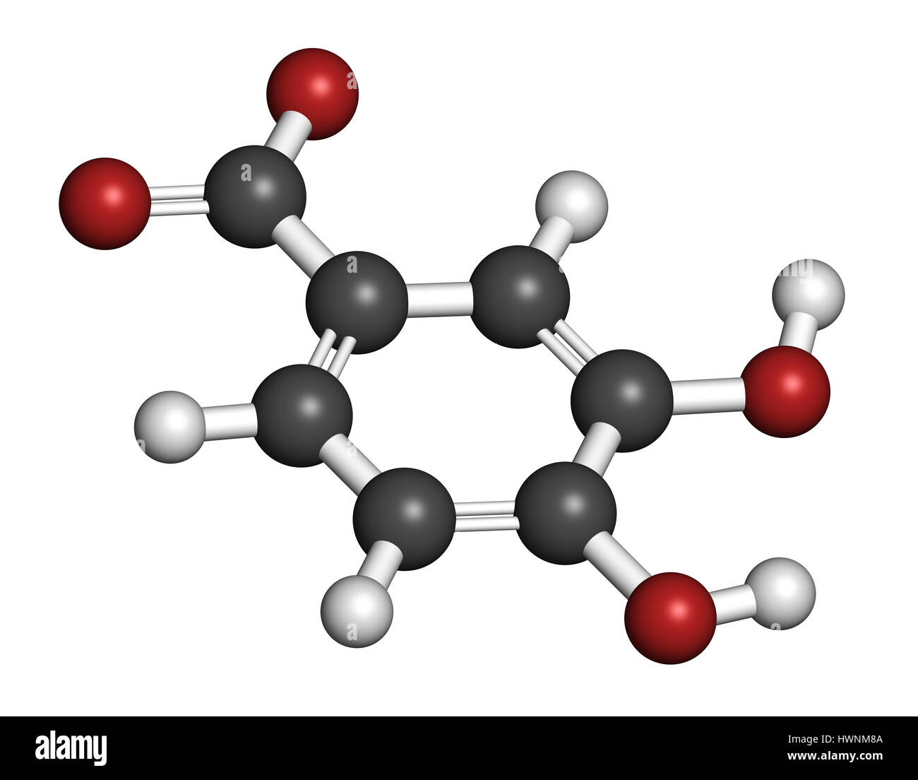 Protocatechuic acid (PCA) green tea antioxidant molecule. 3D rendering ...