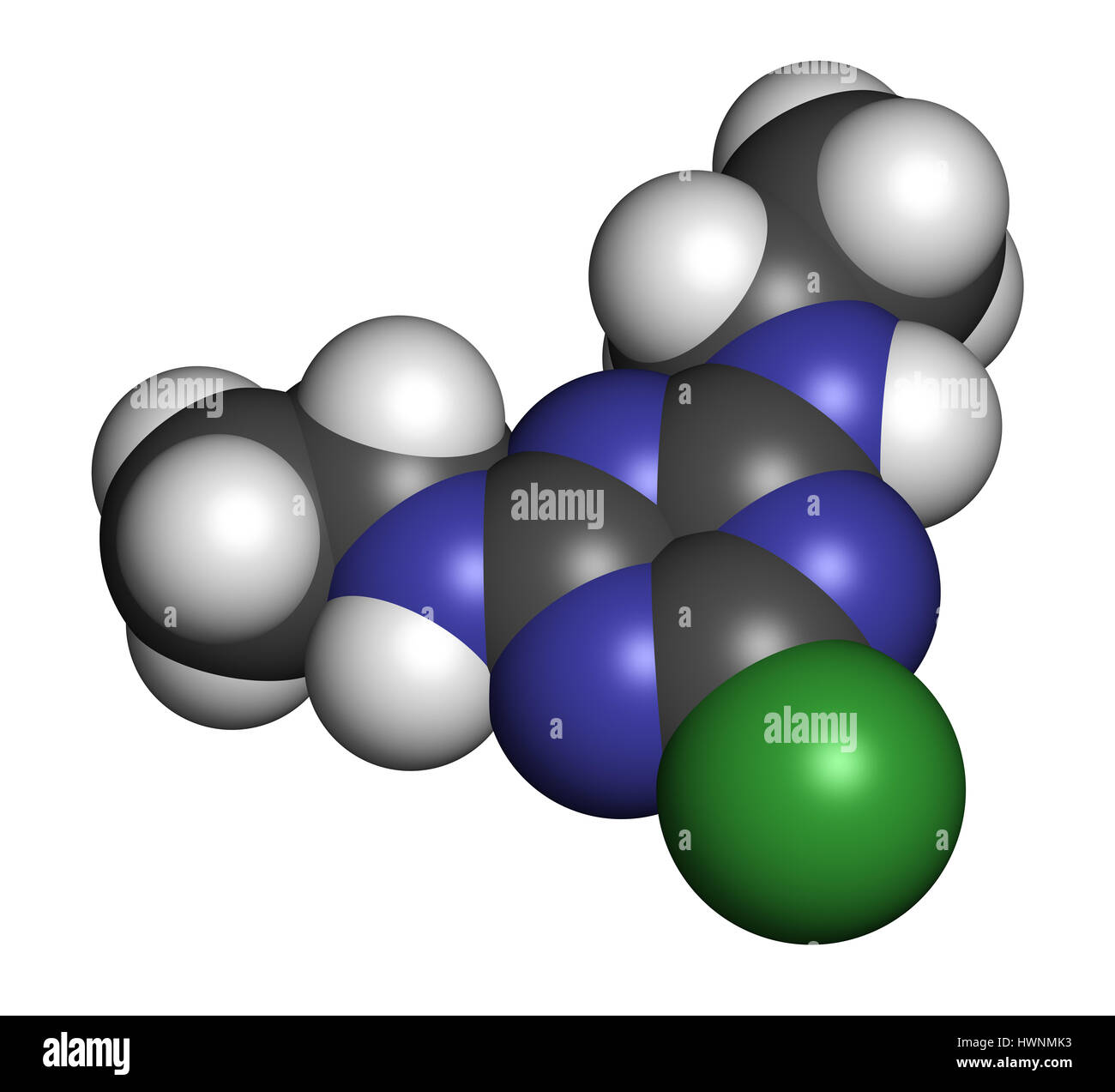 Simazine herbicide molecule. 3D rendering. Atoms are represented as ...