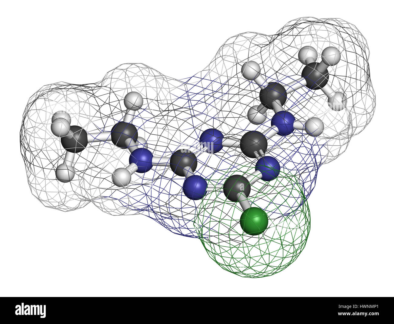 Simazine herbicide molecule. 3D rendering. Atoms are represented as ...