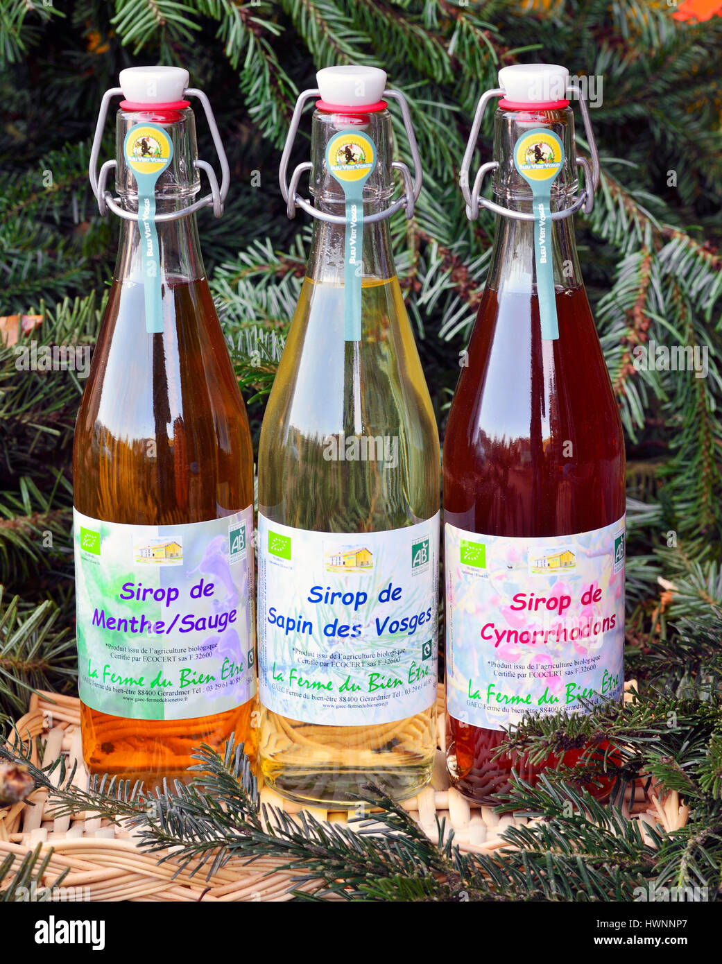 France, Vosges, Gerardmer, Ferme du Bien-Etre, bottles of organic ...