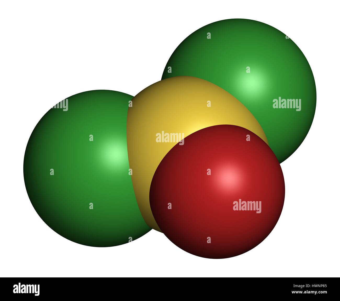 Thionyl chloride (SOCl2) chemical reagent molecule. 3D rendering. Atoms ...