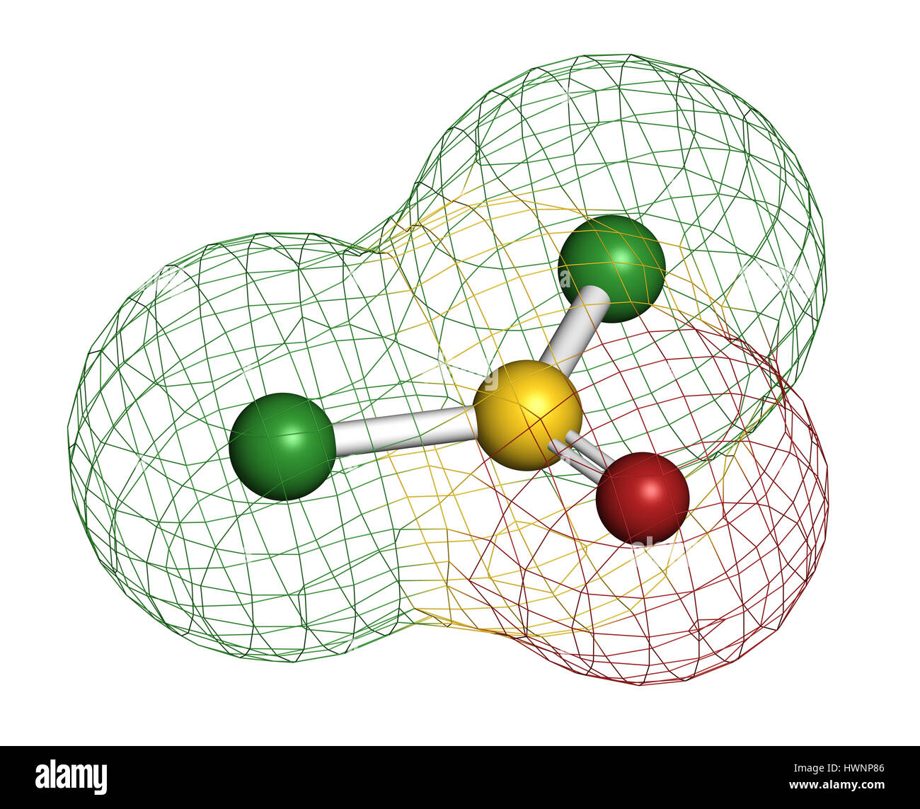 Thionyl chloride (SOCl2) chemical reagent molecule. 3D rendering. Atoms ...