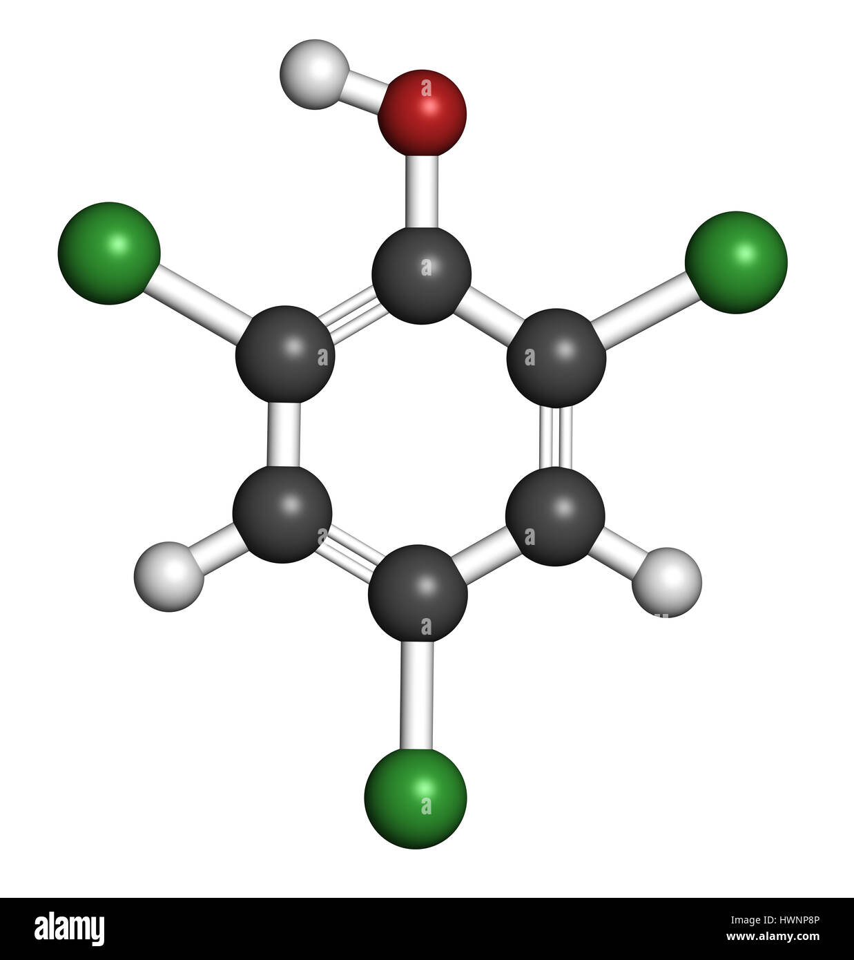 Trichlorophenol (TCP, 2,4,6-trichlorophenol) molecule. 3D rendering ...