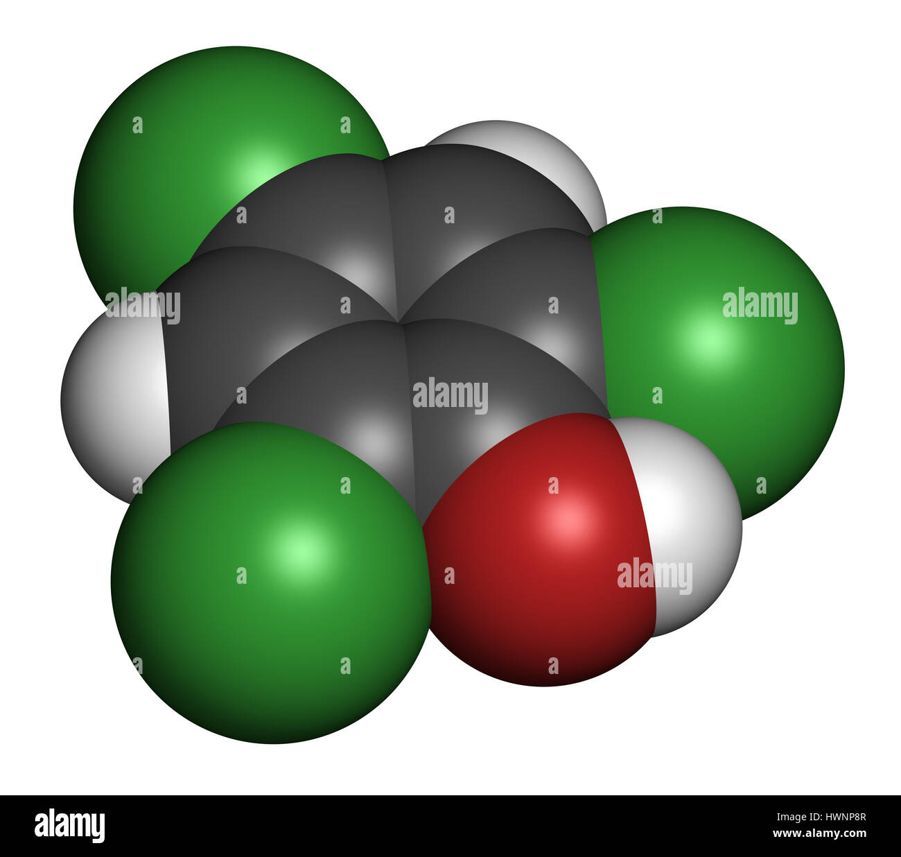 Trichlorophenol (TCP, 2,4,6-trichlorophenol) molecule. 3D rendering ...