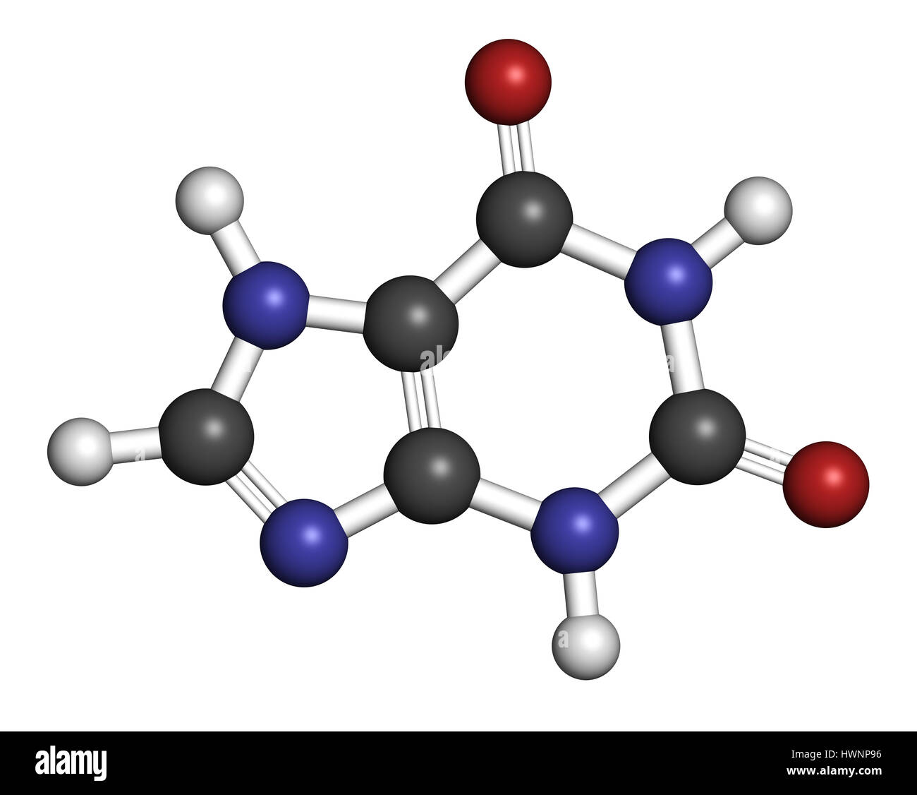 Xanthine purine base molecule. 3D rendering. Atoms are represented as ...