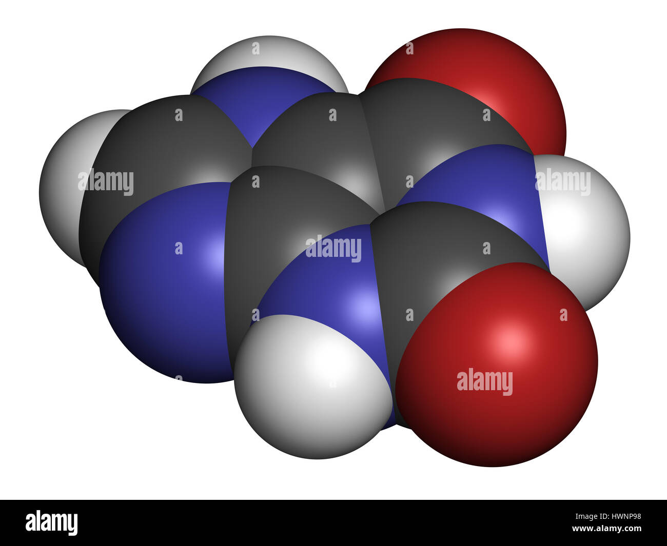 Xanthine purine base molecule. 3D rendering. Atoms are represented as ...
