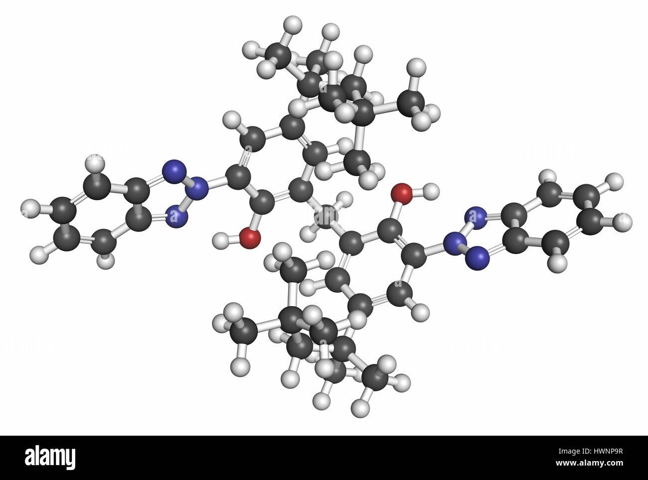 Bisoctrizole sunscreen molecule. 3D rendering. Atoms are represented as ...