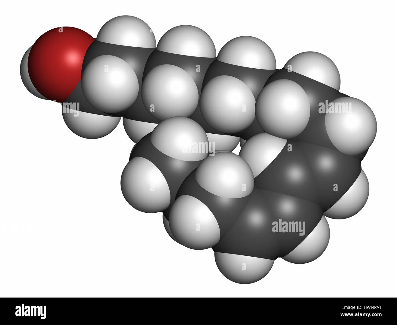Bombykol insect pheromone molecule. 3D rendering. Atoms are represented ...