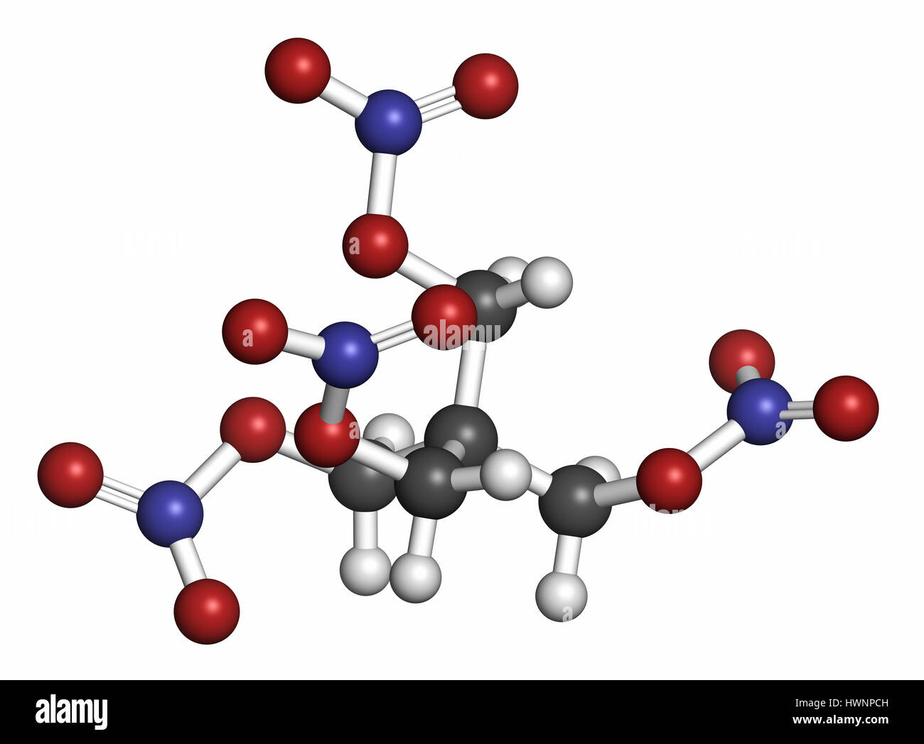 Pentaerythritol tetranitrate (PETN) explosive molecule. Also used as ...