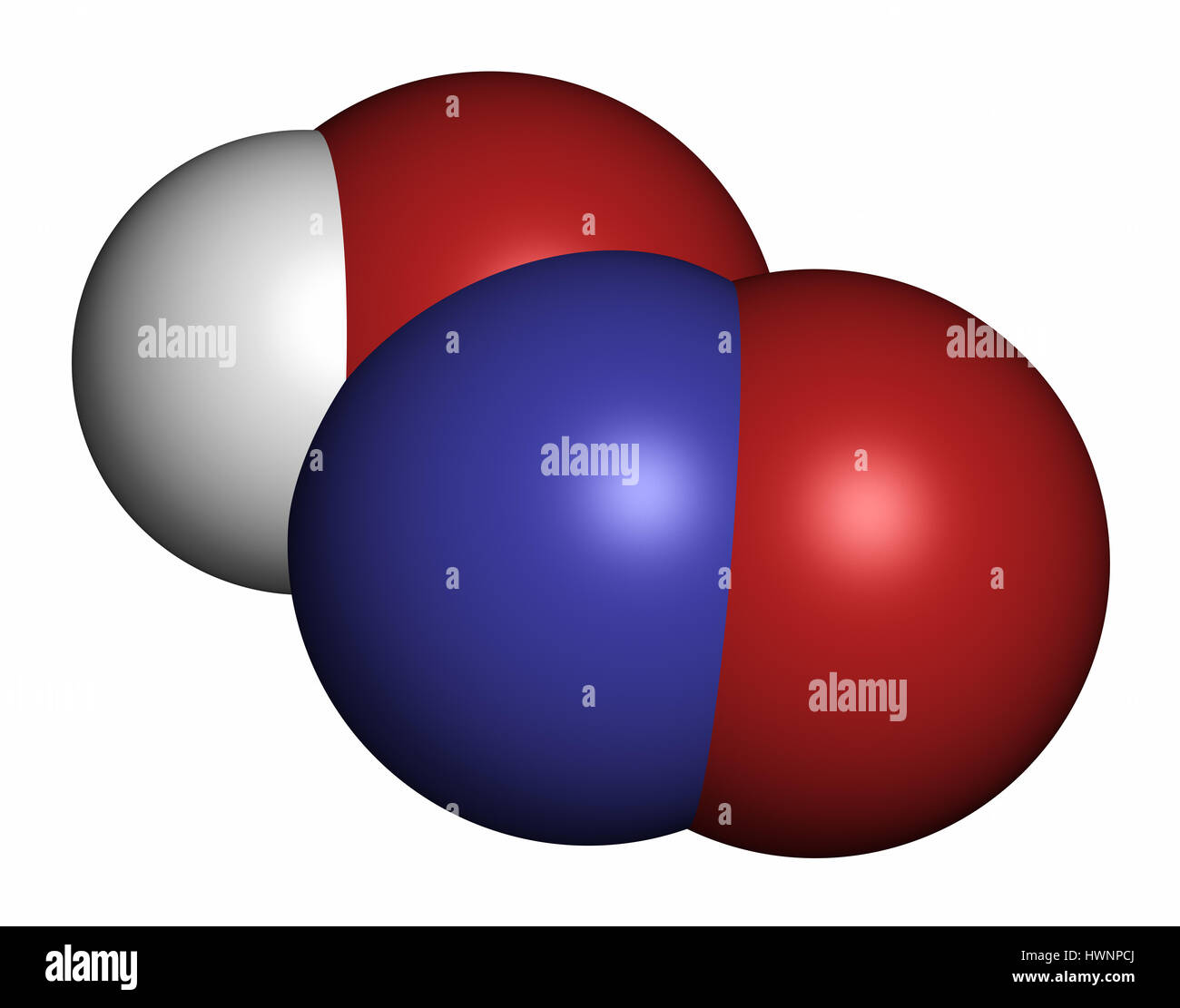 Nitrous acid (HNO2) mineral acid molecule. 3D rendering. Atoms are ...