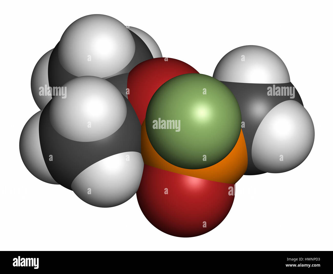 Sarin nerve agent molecule (chemical weapon). 3D rendering. Atoms are ...