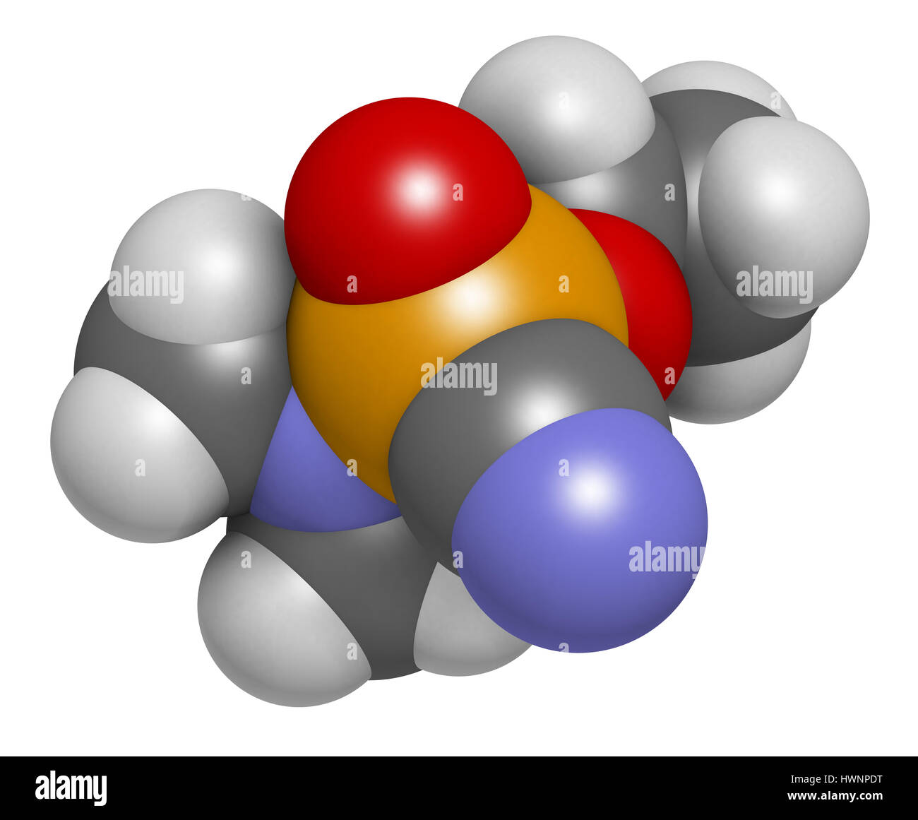 Tabun nerve agent molecule (chemical weapon). 3D rendering. Atoms are ...