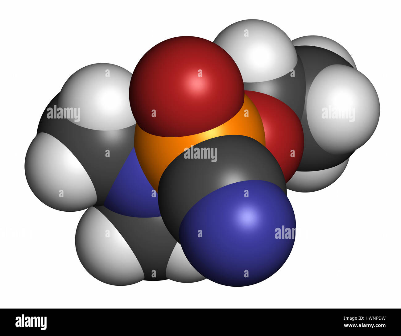 Tabun nerve agent molecule (chemical weapon). 3D rendering. Atoms are ...