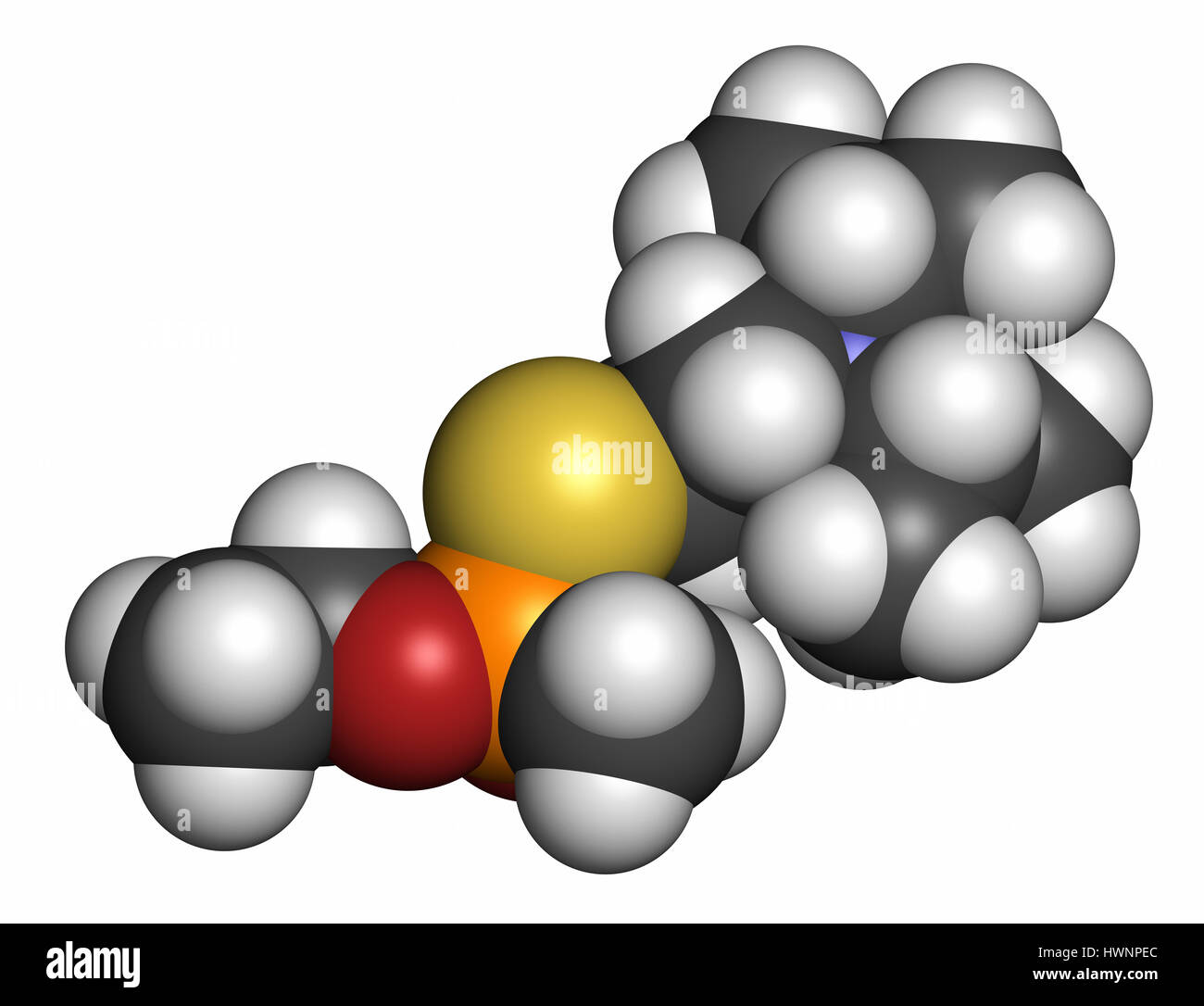 VX nerve agent molecule (chemical weapon). 3D rendering. Atoms are ...