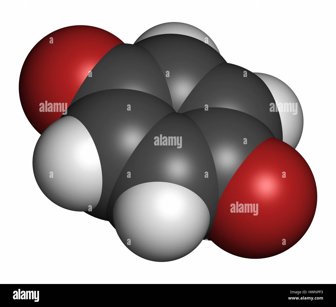 Benzoquinone (quinone, para-benzoquinone) molecule. 3D rendering. Atoms ...