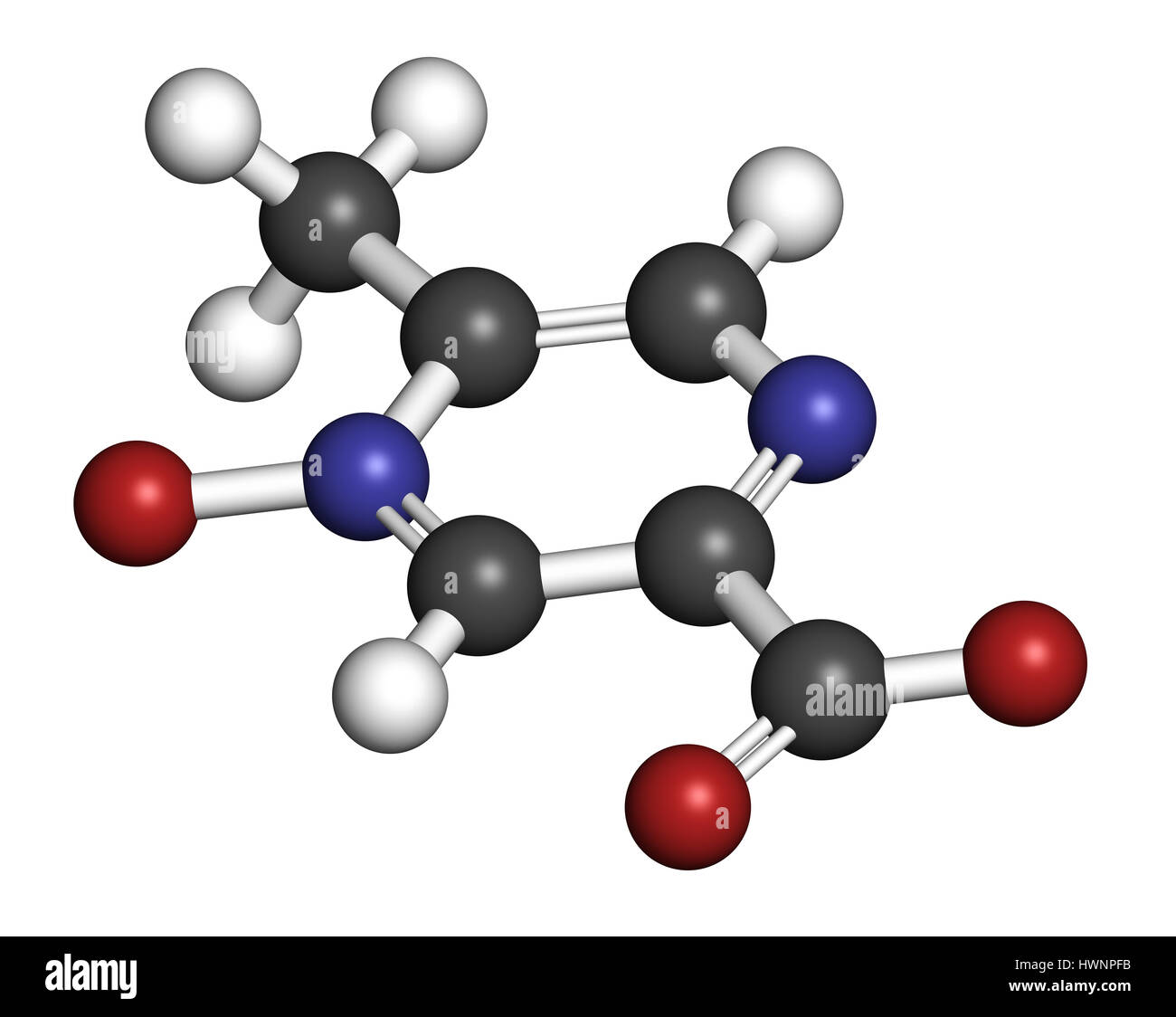Acipimox hypertriglyceridemia drug molecule. 3D rendering. Atoms are ...