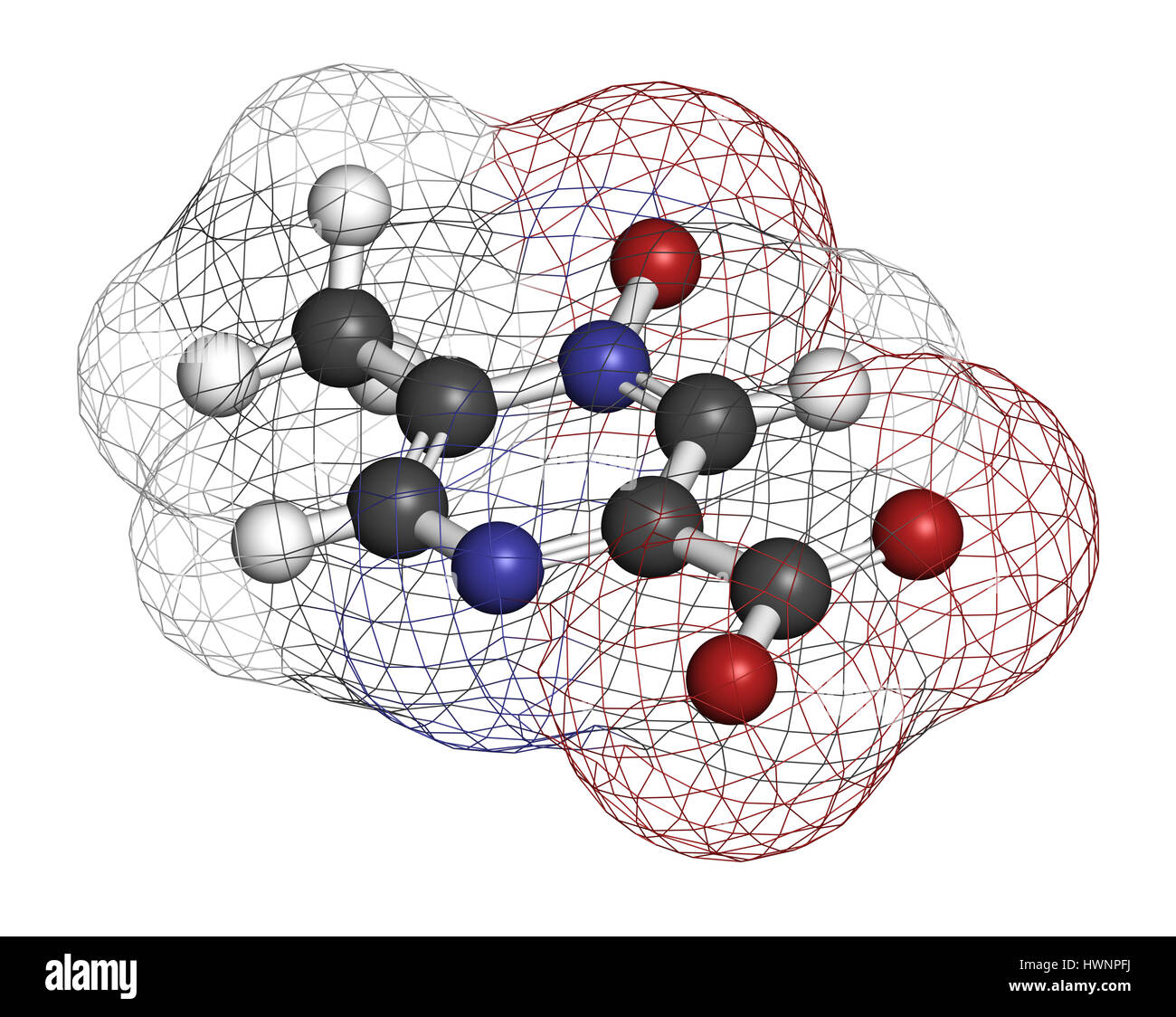 Acipimox hypertriglyceridemia drug molecule. 3D rendering. Atoms are ...