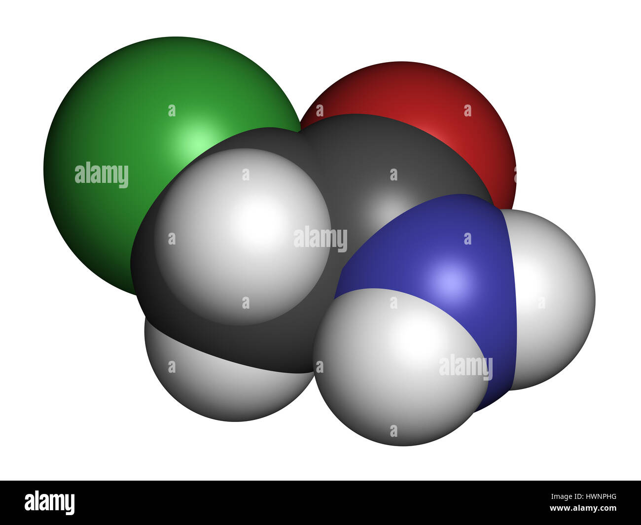 Chloroacetamide preservative molecule. 3D rendering. Atoms are ...