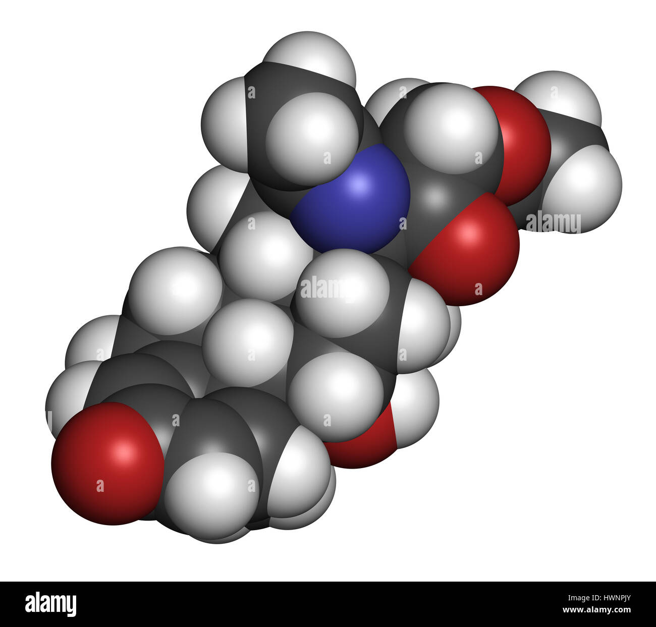 Deflazacort glucocorticoid drug molecule. 3D rendering. Atoms are ...