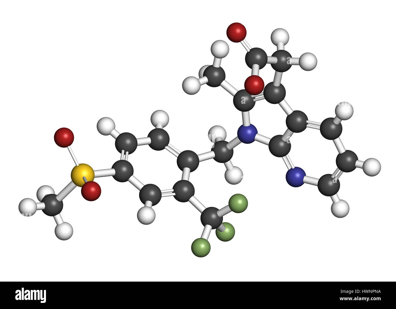 Fevipiprant asthma drug molecule. 3D rendering. Atoms are represented ...
