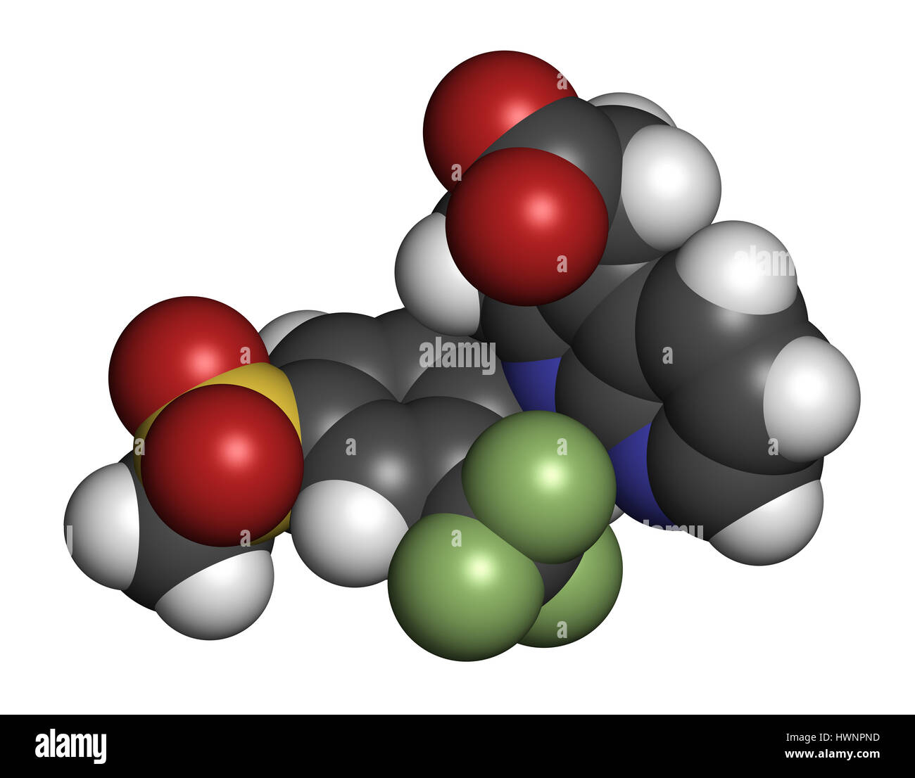 Fevipiprant asthma drug molecule. 3D rendering. Atoms are represented ...