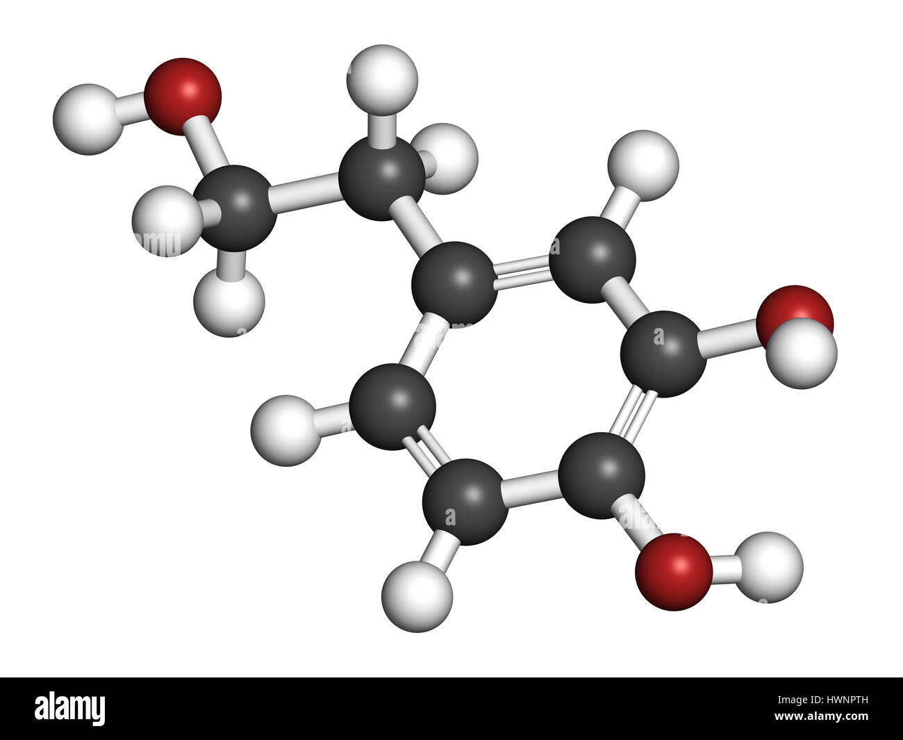 Hydroxytyrosol olive oil antioxidant molecule. 3D rendering. Atoms are ...