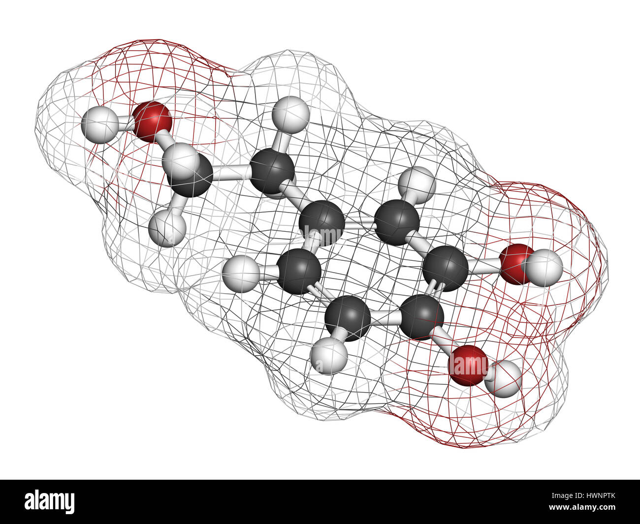 Hydroxytyrosol olive oil antioxidant molecule. 3D rendering. Atoms are ...