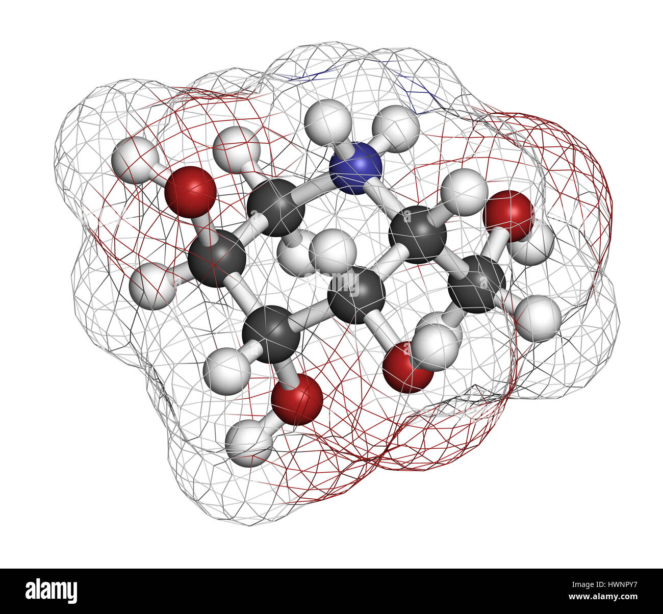 Migalastat Fabry disease drug molecule. 3D rendering. Atoms are ...