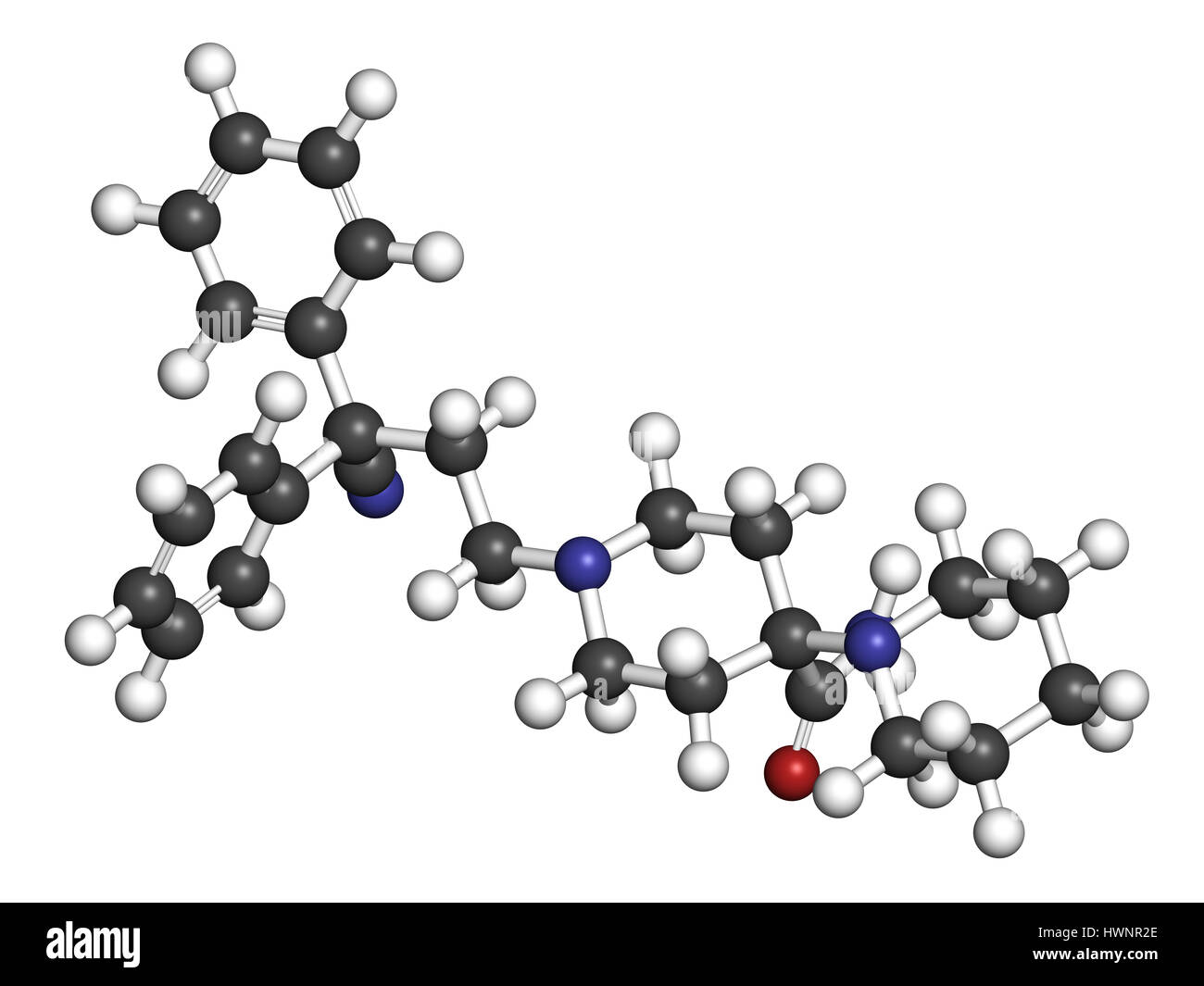 Piritramide opioid analgetic drug molecule. 3D rendering. Atoms are ...