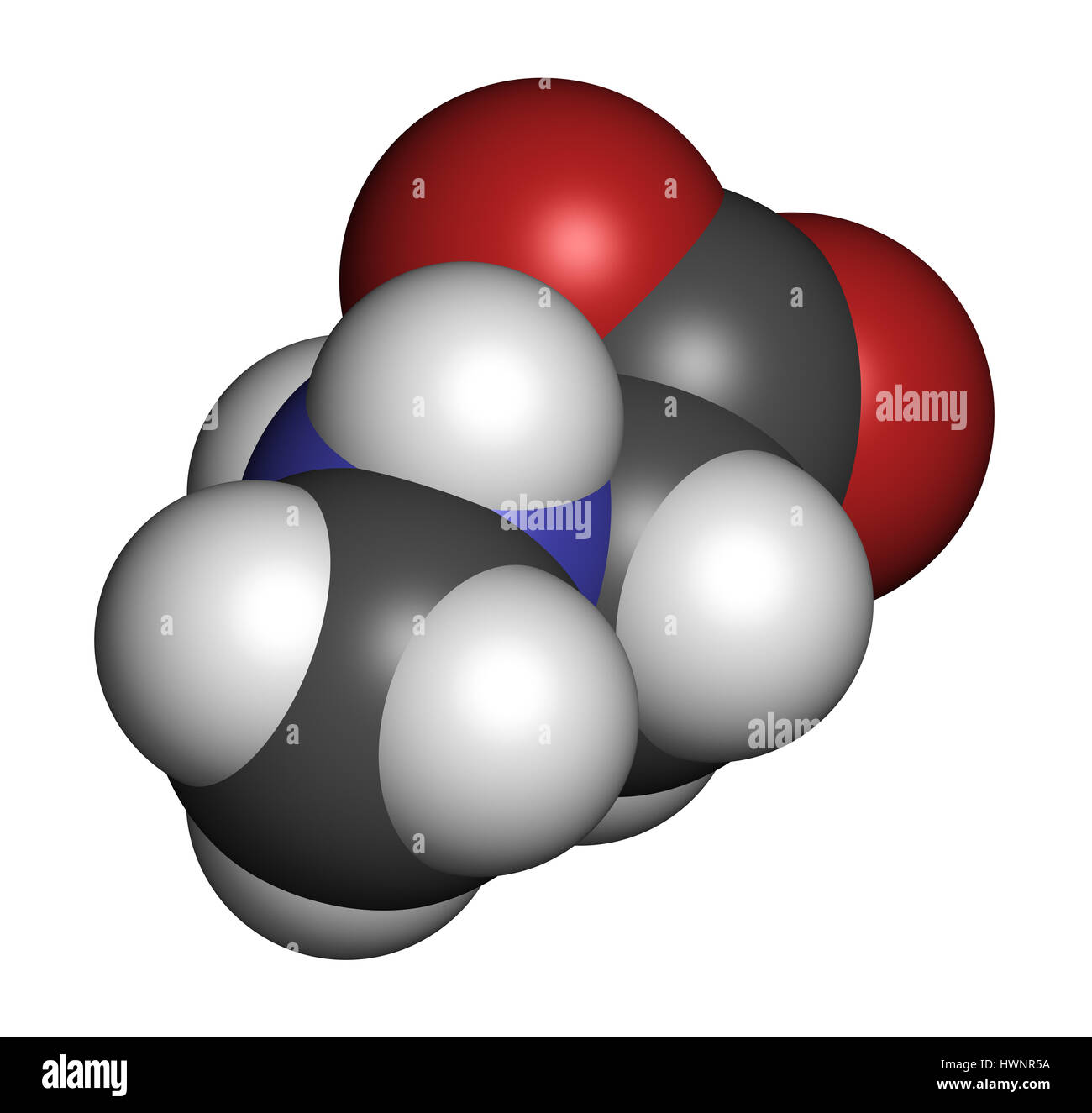 Sarcosine (N-methylglycine) molecule. 3D rendering. Atoms are ...