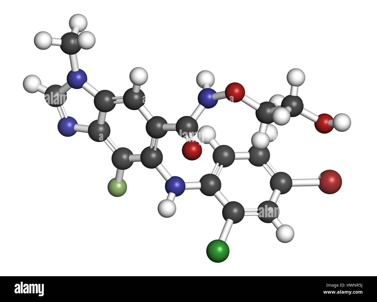 Selumetinib cancer drug molecule (MEK1 and MEK2 inhibitor). 3D ...
